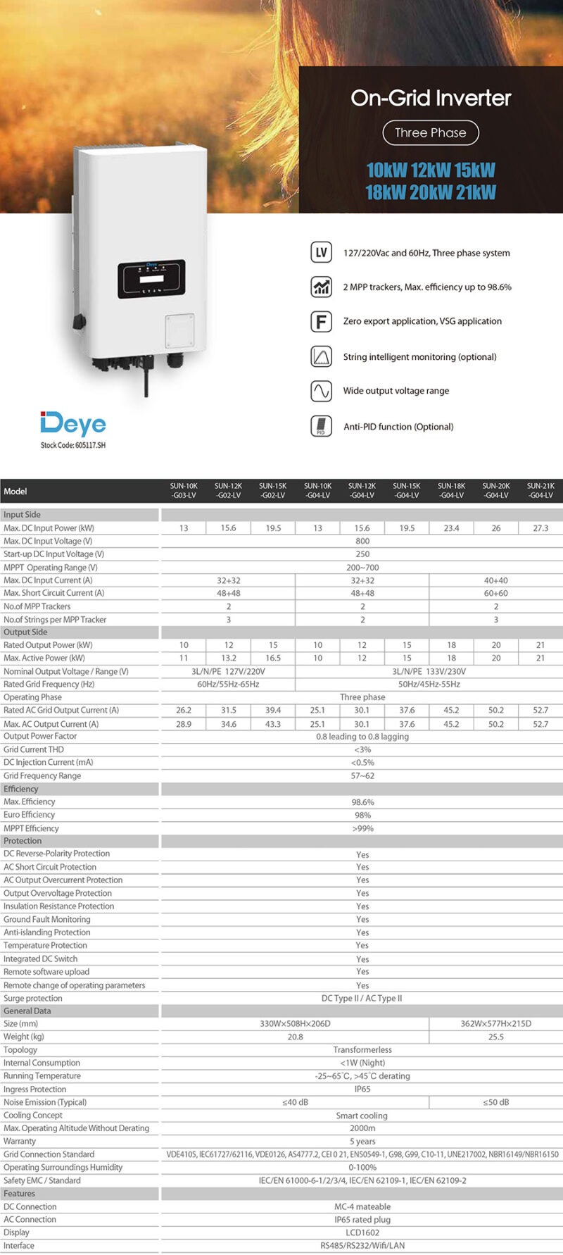 Deye On Grid Solar Inverter 10kW 12kW 15kW 18kW 20kW 21kW - Maxbo Solar